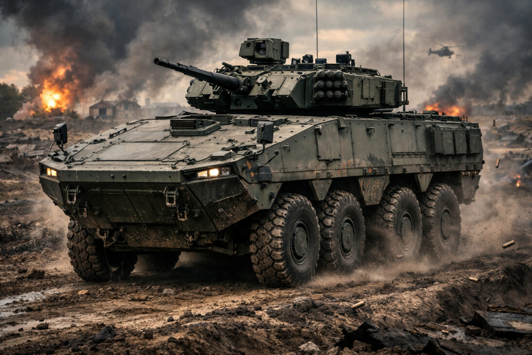 The Finnish armored vehicle Patria AMV 8x8 with eight wheels stands out ...