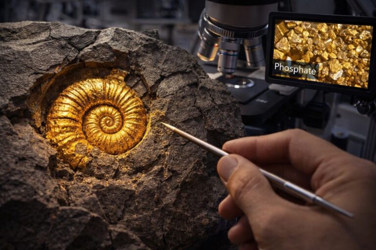 A 183-million-year-old fossil shines like gold inside black rock in ...
